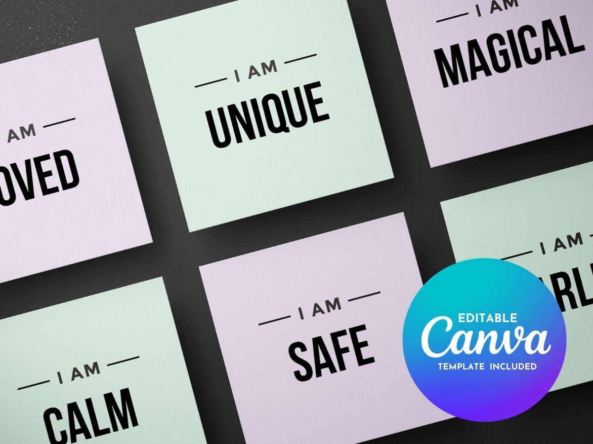 66 printable 'I AM' affirmation cards. Editable in CANVA