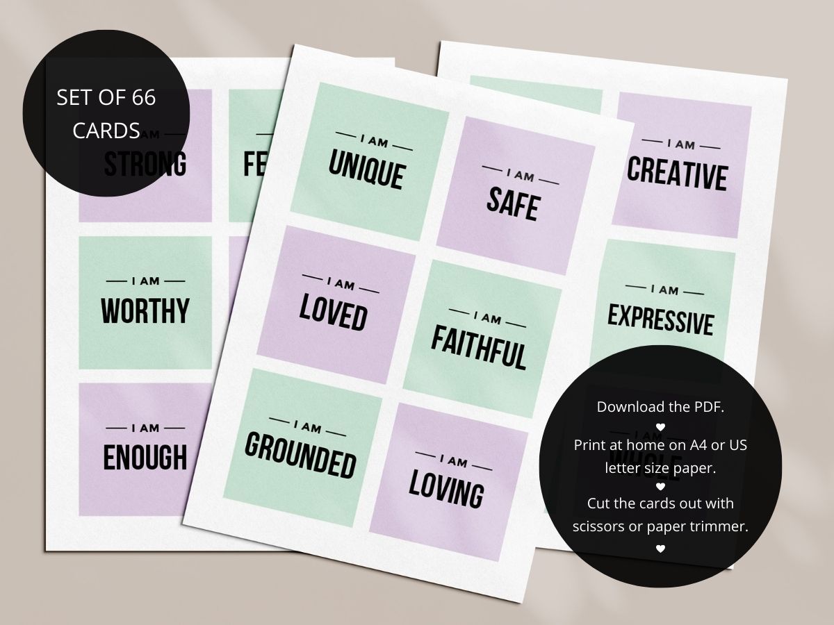 66 printable 'I AM' affirmation cards. Editable in CANVA