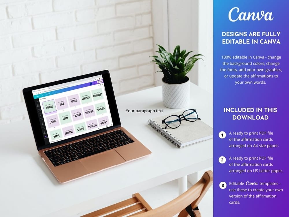 66 printable 'I AM' affirmation cards. Editable in CANVA