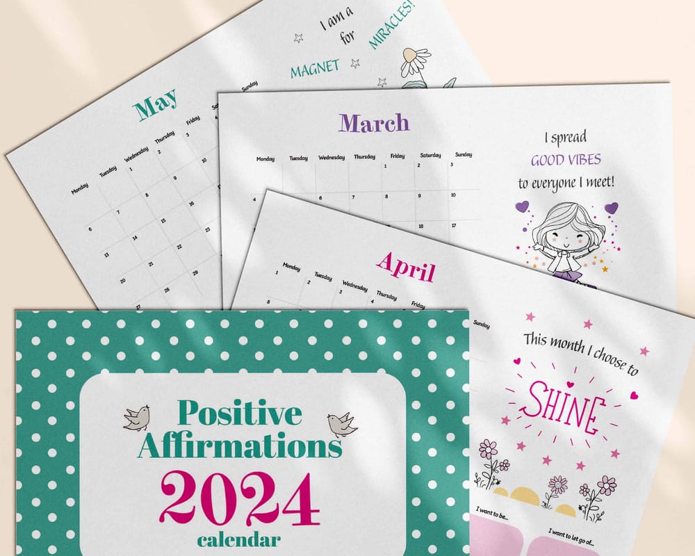 Cute 2024 printable PDF calendar with positive affirmations
