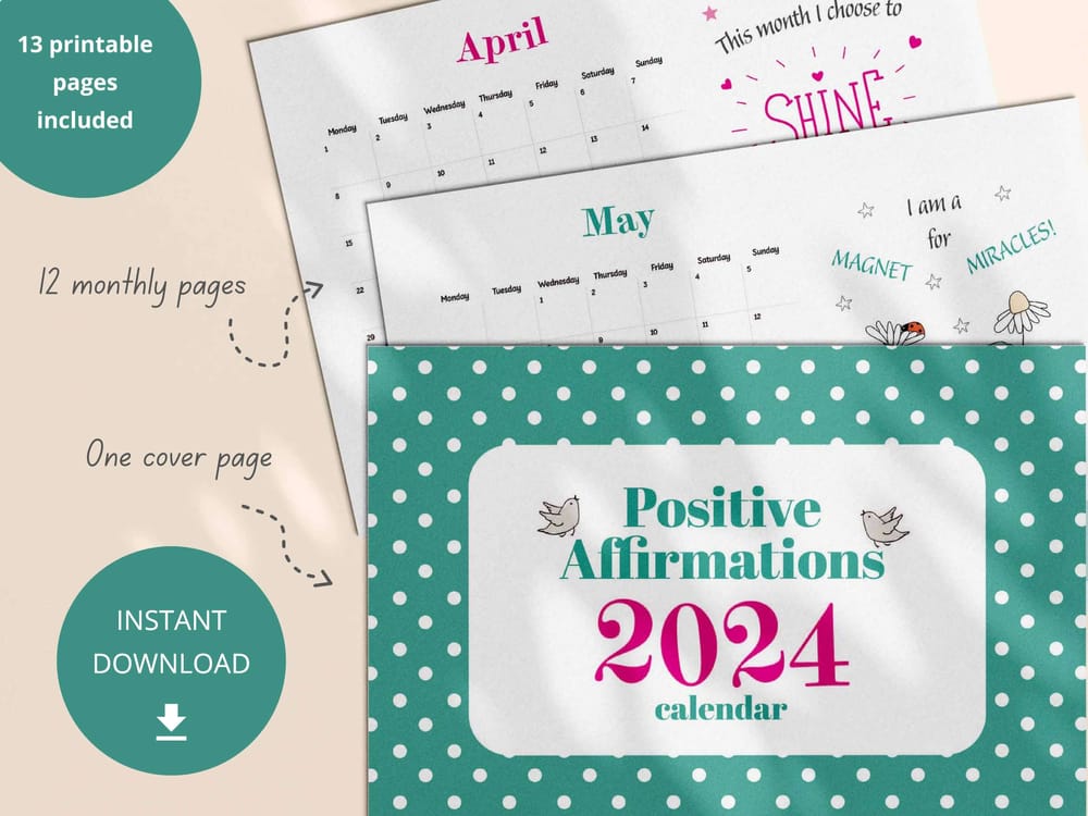 Cute 2024 printable PDF calendar with positive affirmations