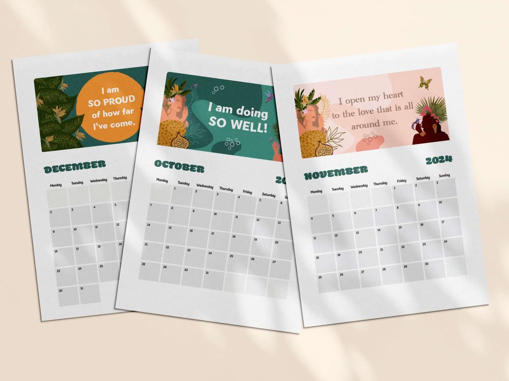 2024 printable PDF calendar with positive affirmations