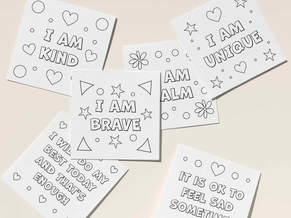 FREE kids coloring affirmation cards. Printable PDF.