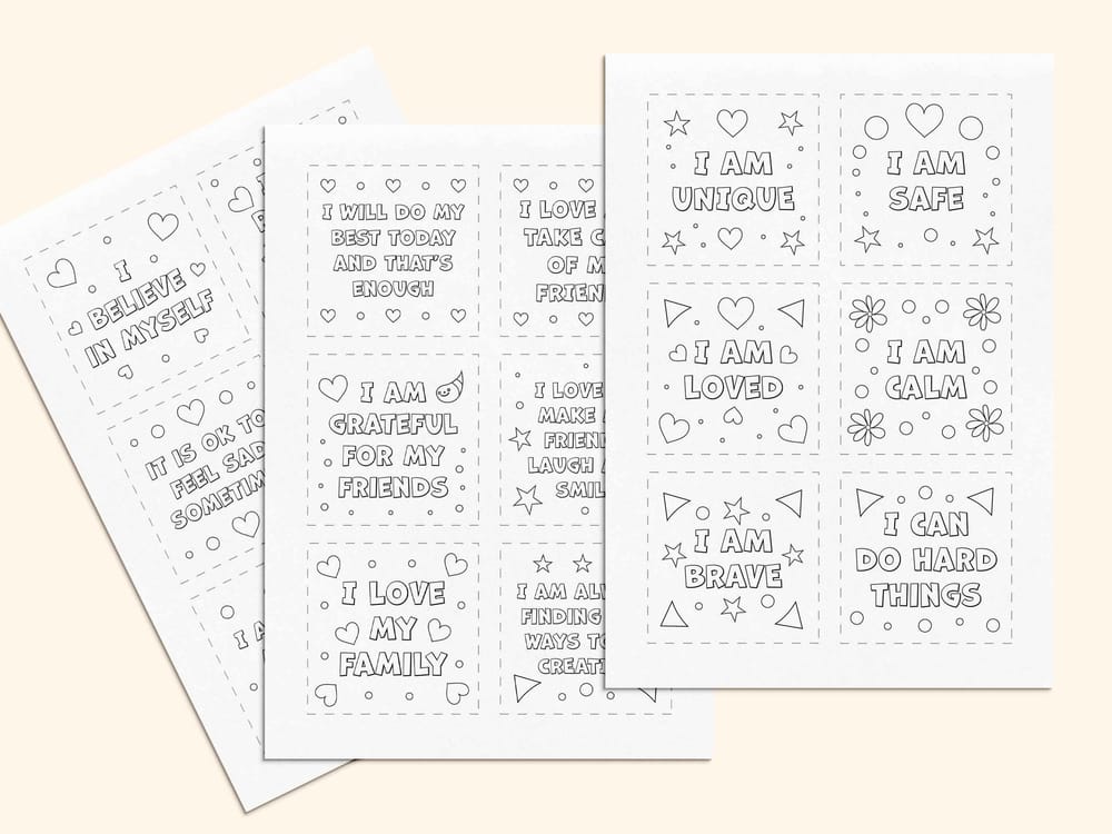 FREE kids coloring affirmation cards. Printable PDF.