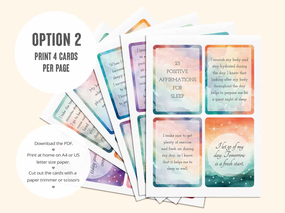 23 FREE printable positive affirmation cards for sleep.