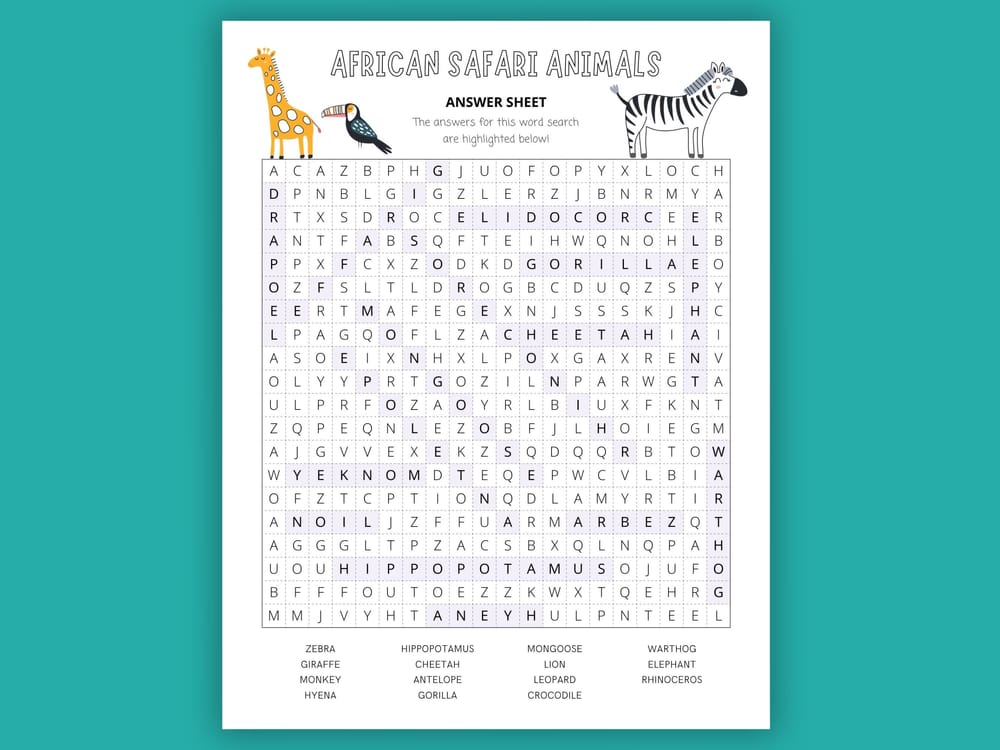 Printable word search for kids: African safari animals.