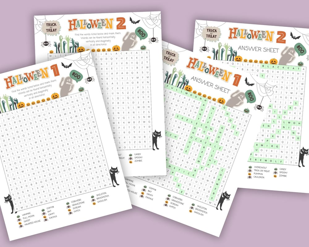 Two printable word searches for kids: Halloween.