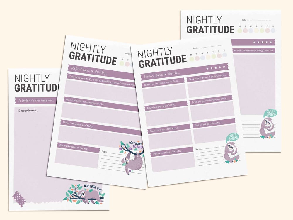 Gratitude worksheets with nightly journal prompts.