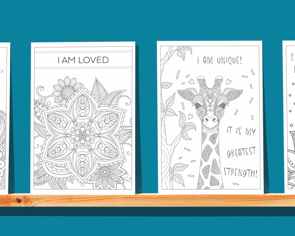 Mental health coloring pages with positive affirmations.