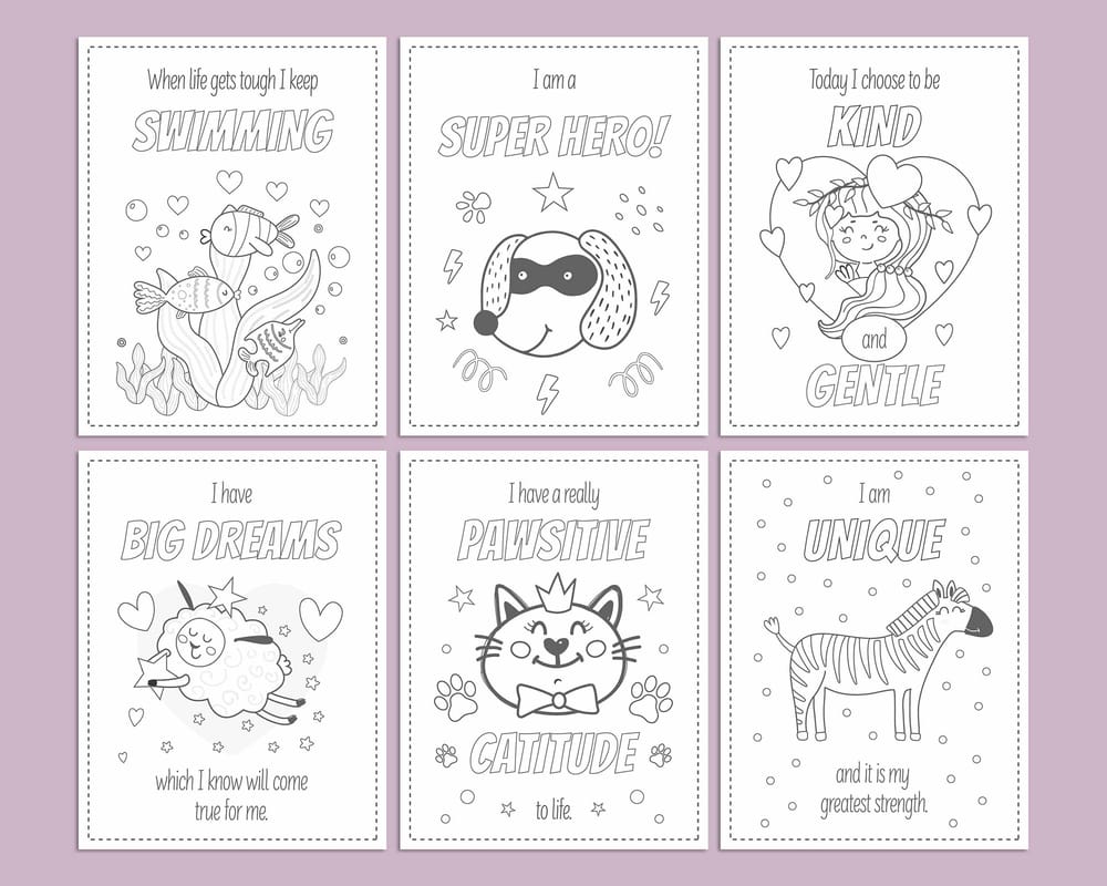 32 positive affirmation coloring pages for kids.