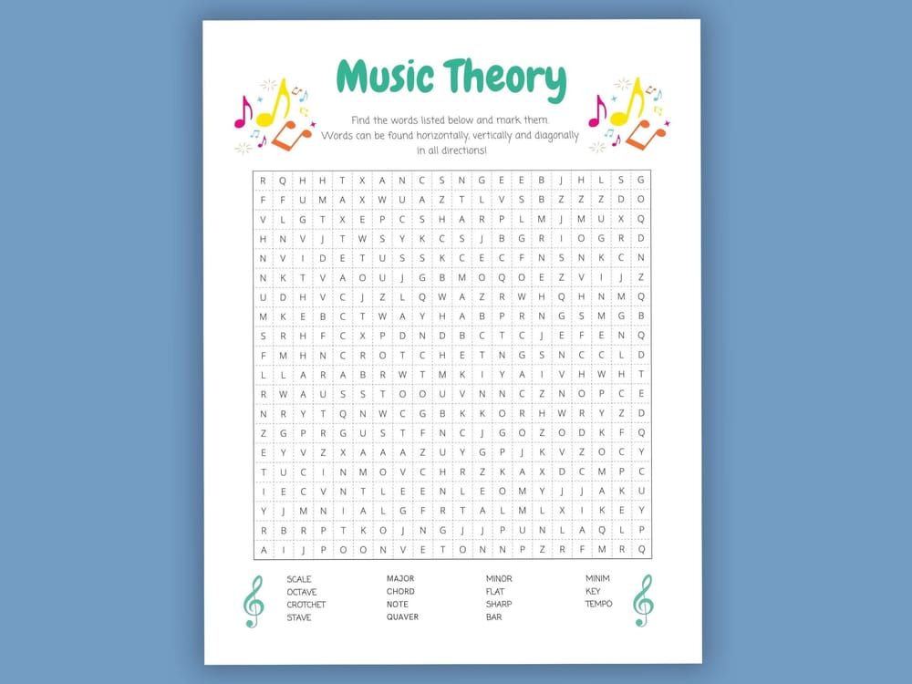 Basic music theory word search for kids.