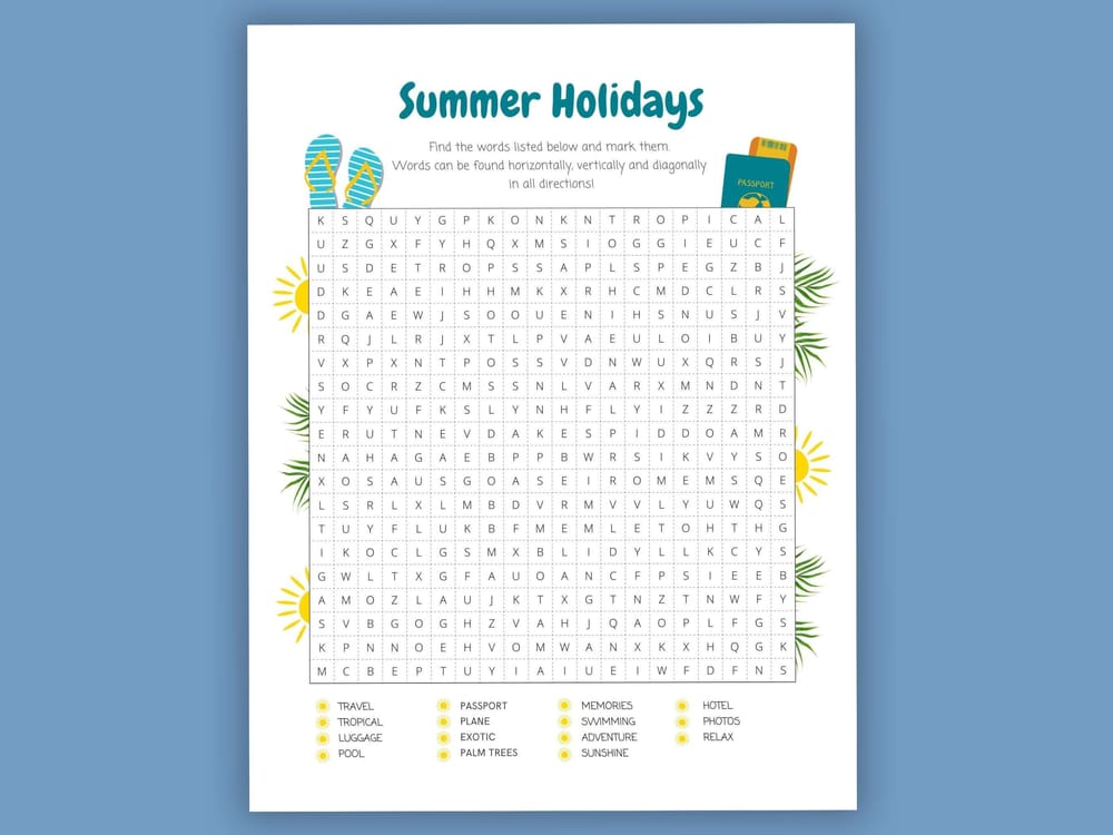 Printable summer holidays word search for kids