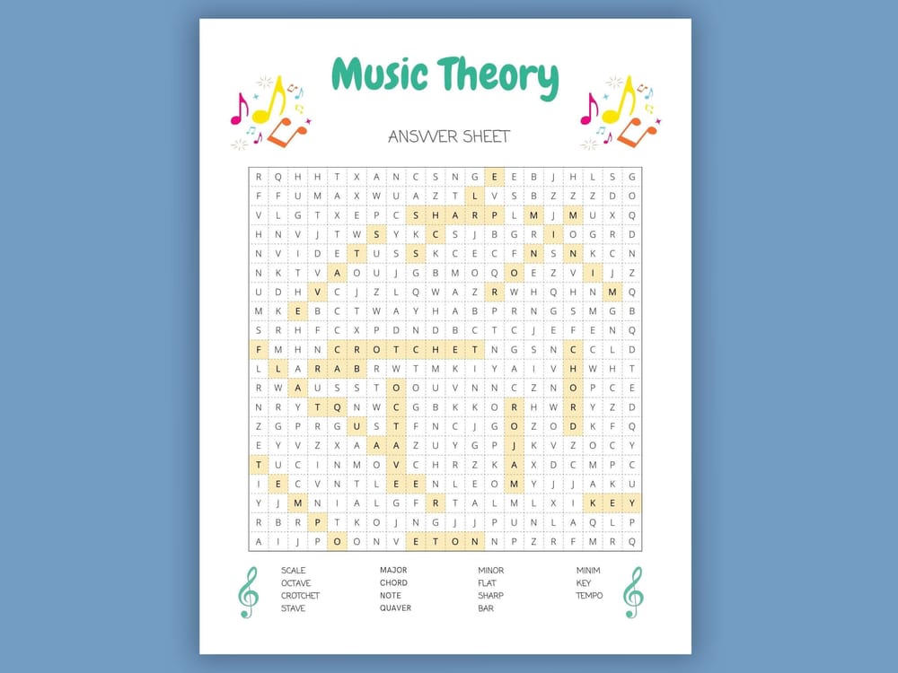 Basic music theory word search for kids.