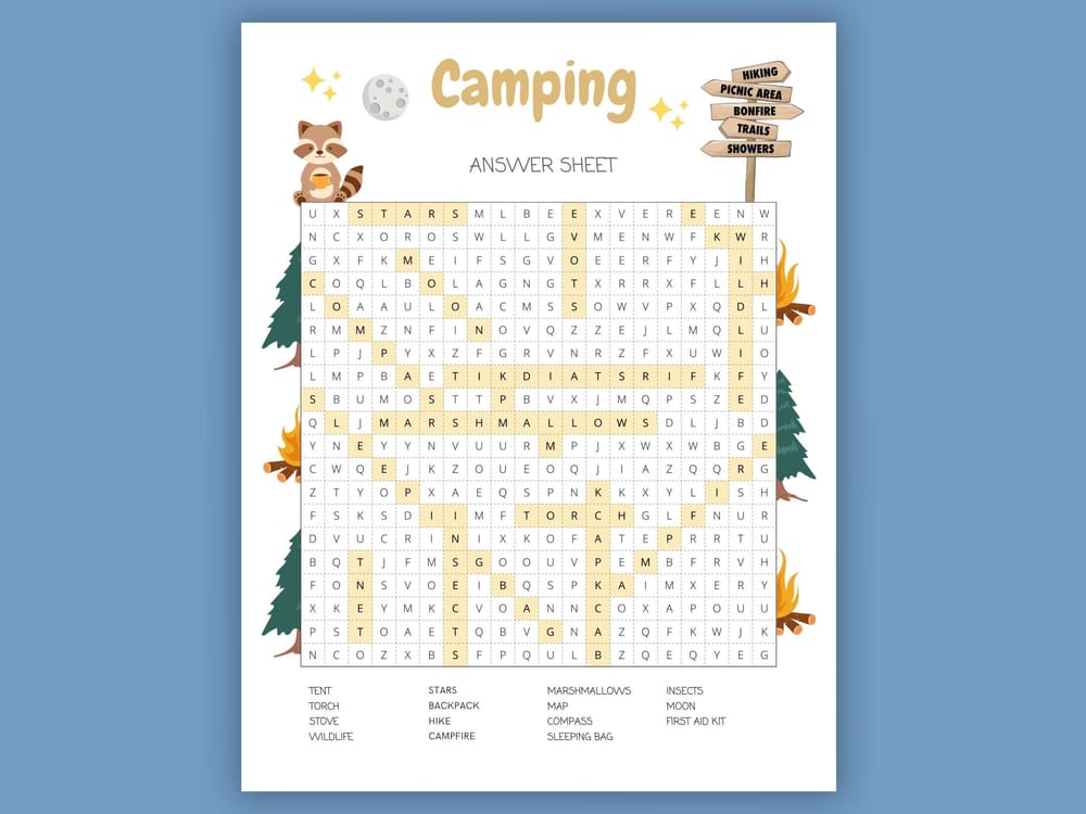 Printable camping word search for kids