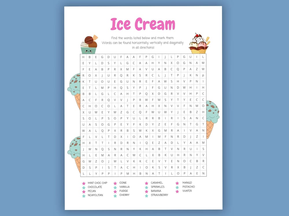 Printable ice cream word search for kids