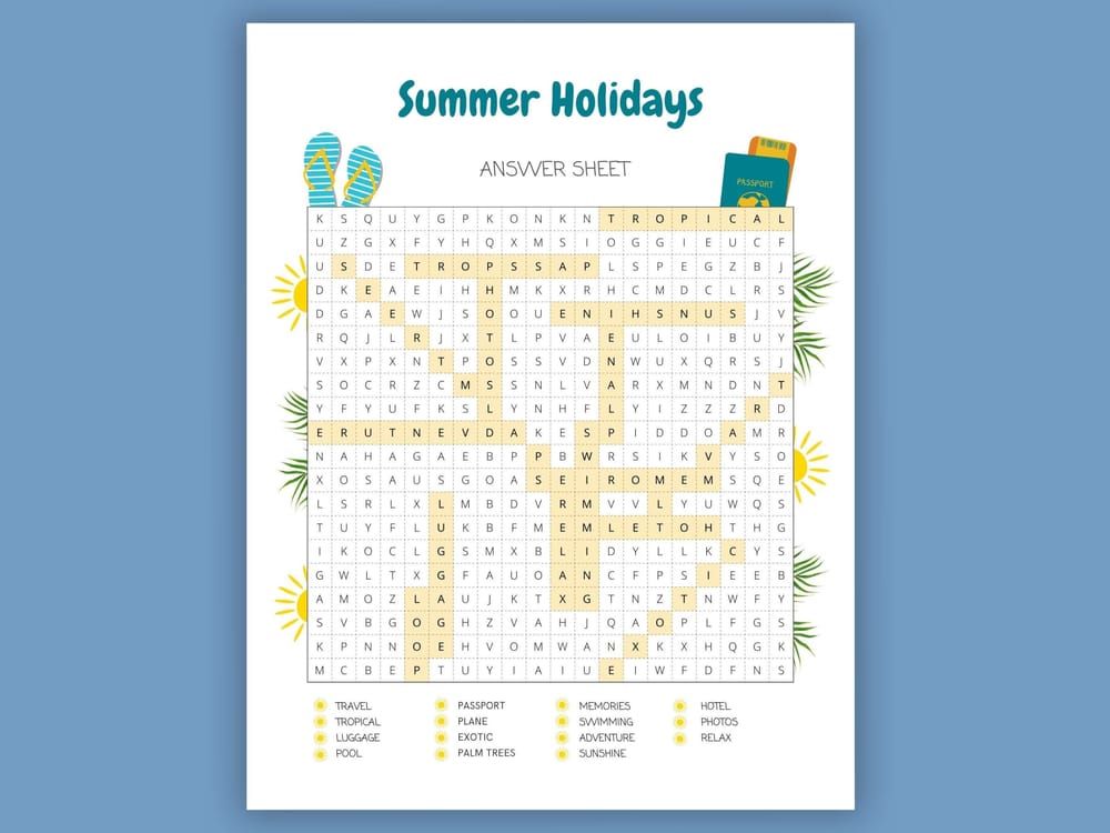 Printable summer holidays word search for kids