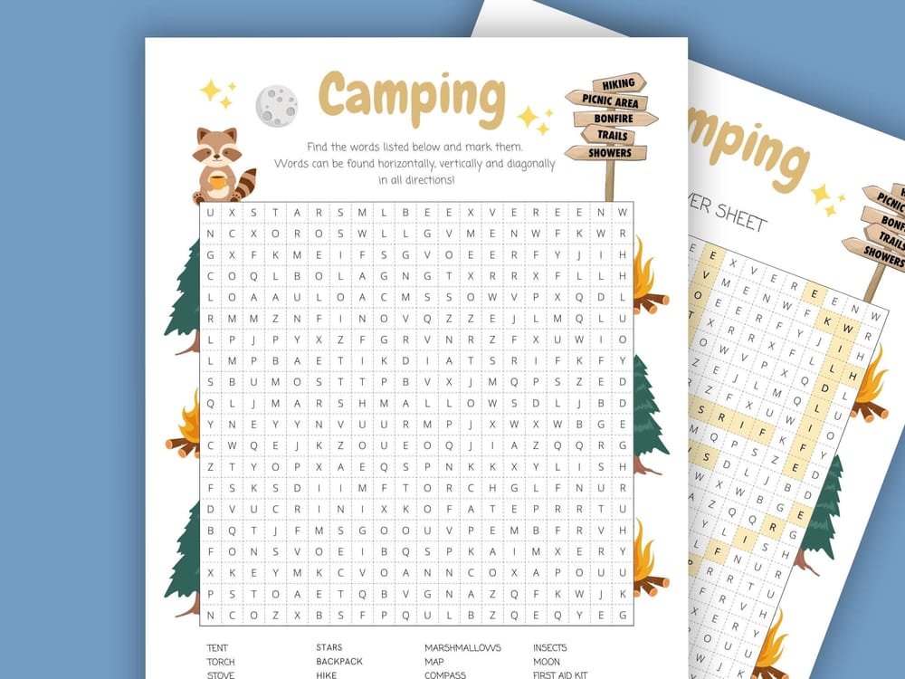 Printable camping word search for kids