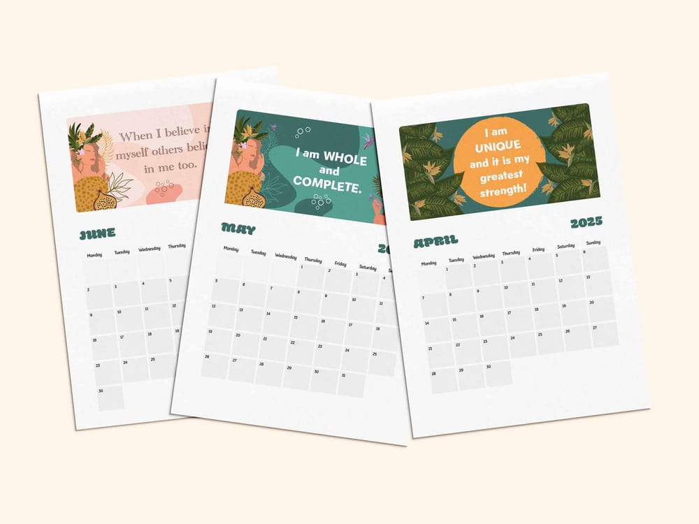 2025 printable PDF calendar with positive affirmations
