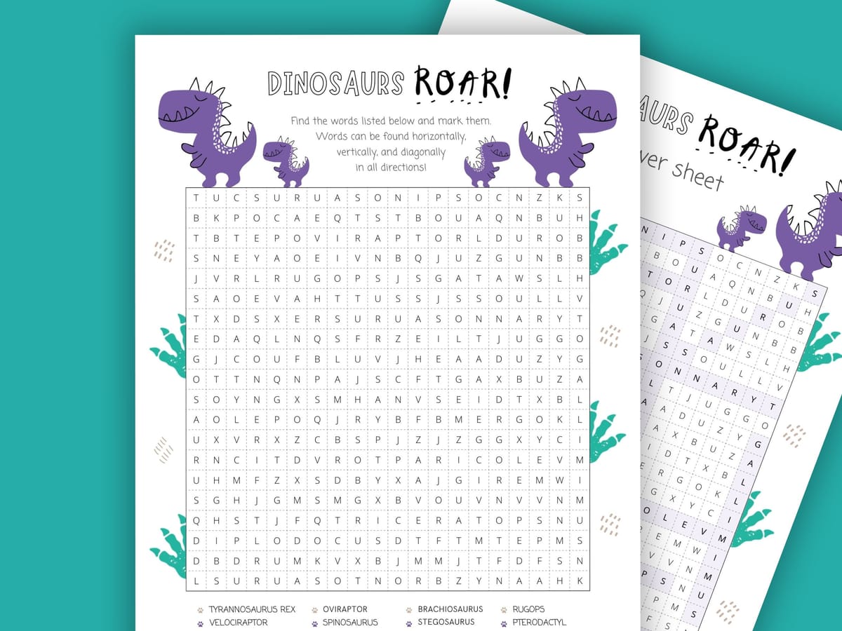 Printable word search for kids: Dinosaurs.
