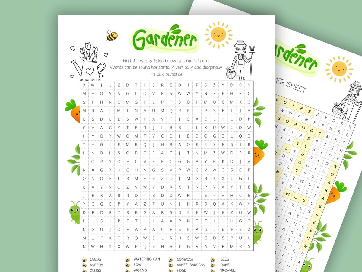 Printable word search for kids: gardening essentials.