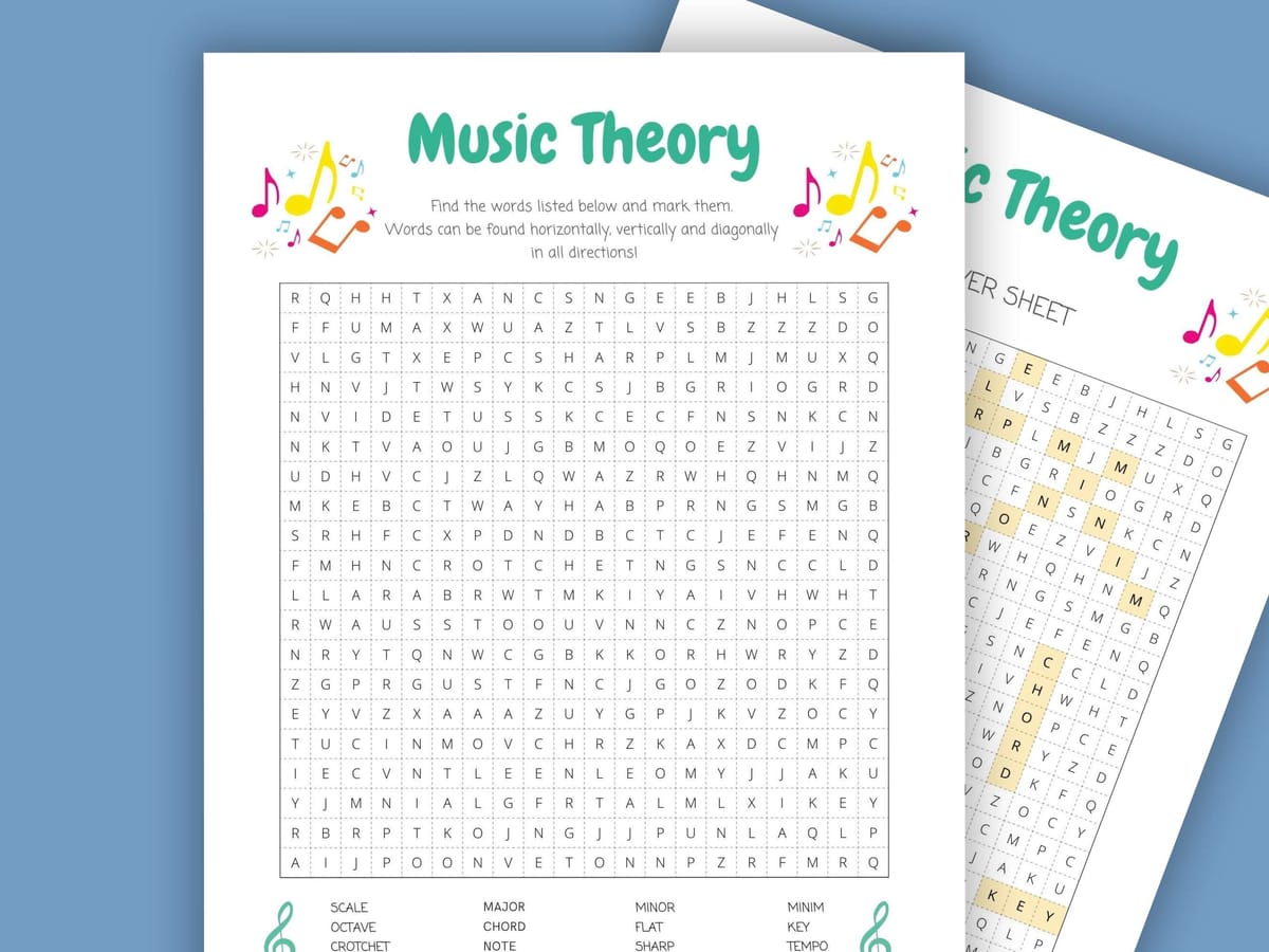 Basic music theory word search for kids.