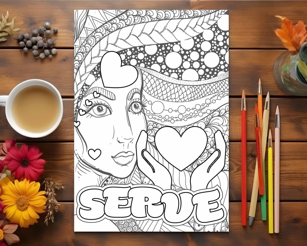 Spiritual coloring page for adults: "Serve"