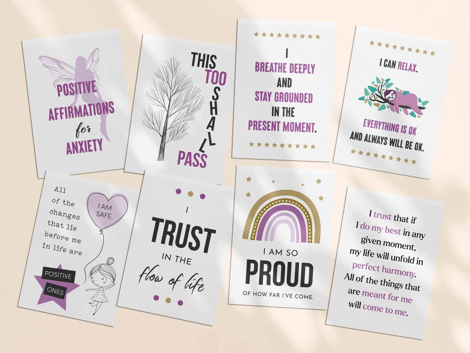 Printable positive affirmation cards for anxiety and stress.