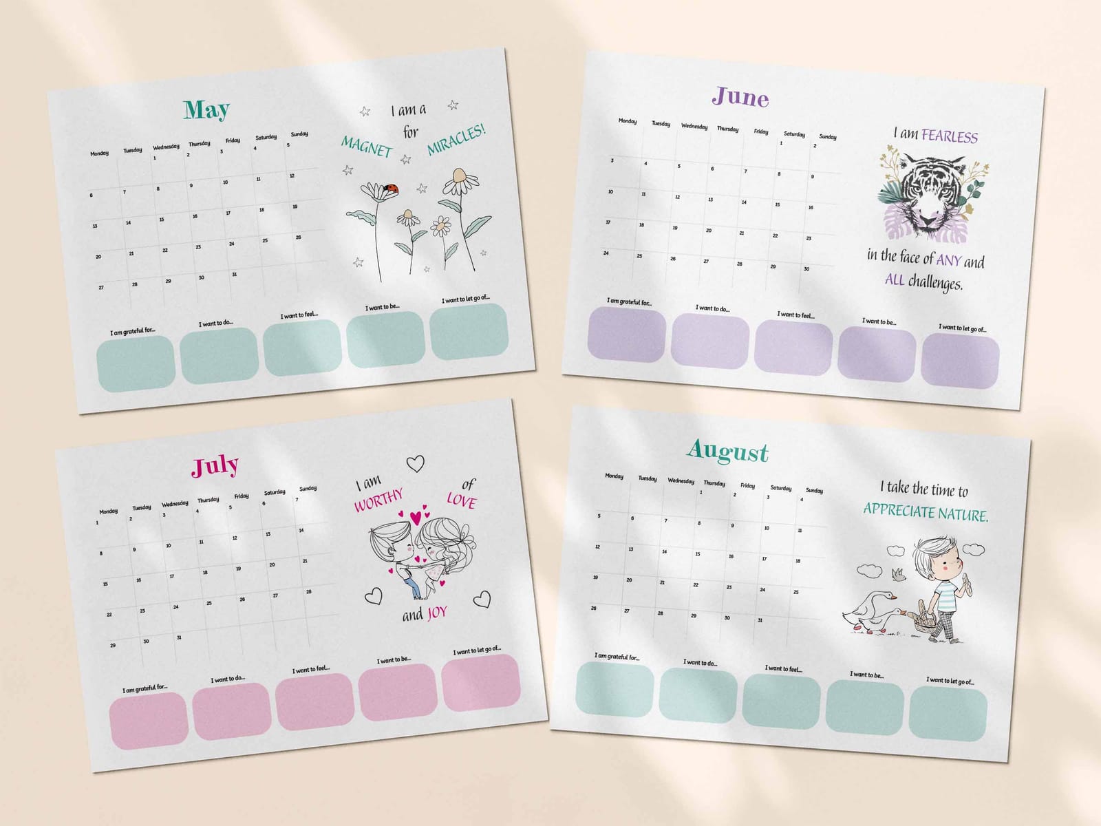 Cute 2024 printable PDF calendar with positive affirmations