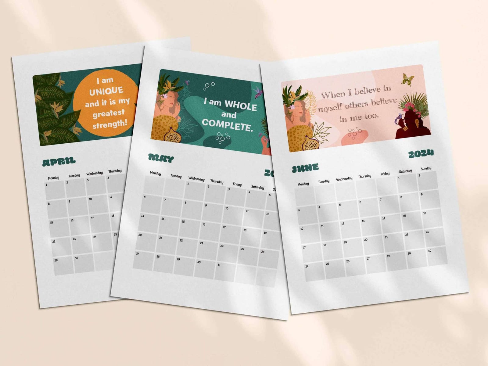 2024 printable PDF calendar with positive affirmations