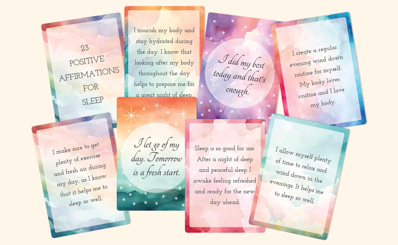 23 FREE printable positive affirmation cards for sleep.