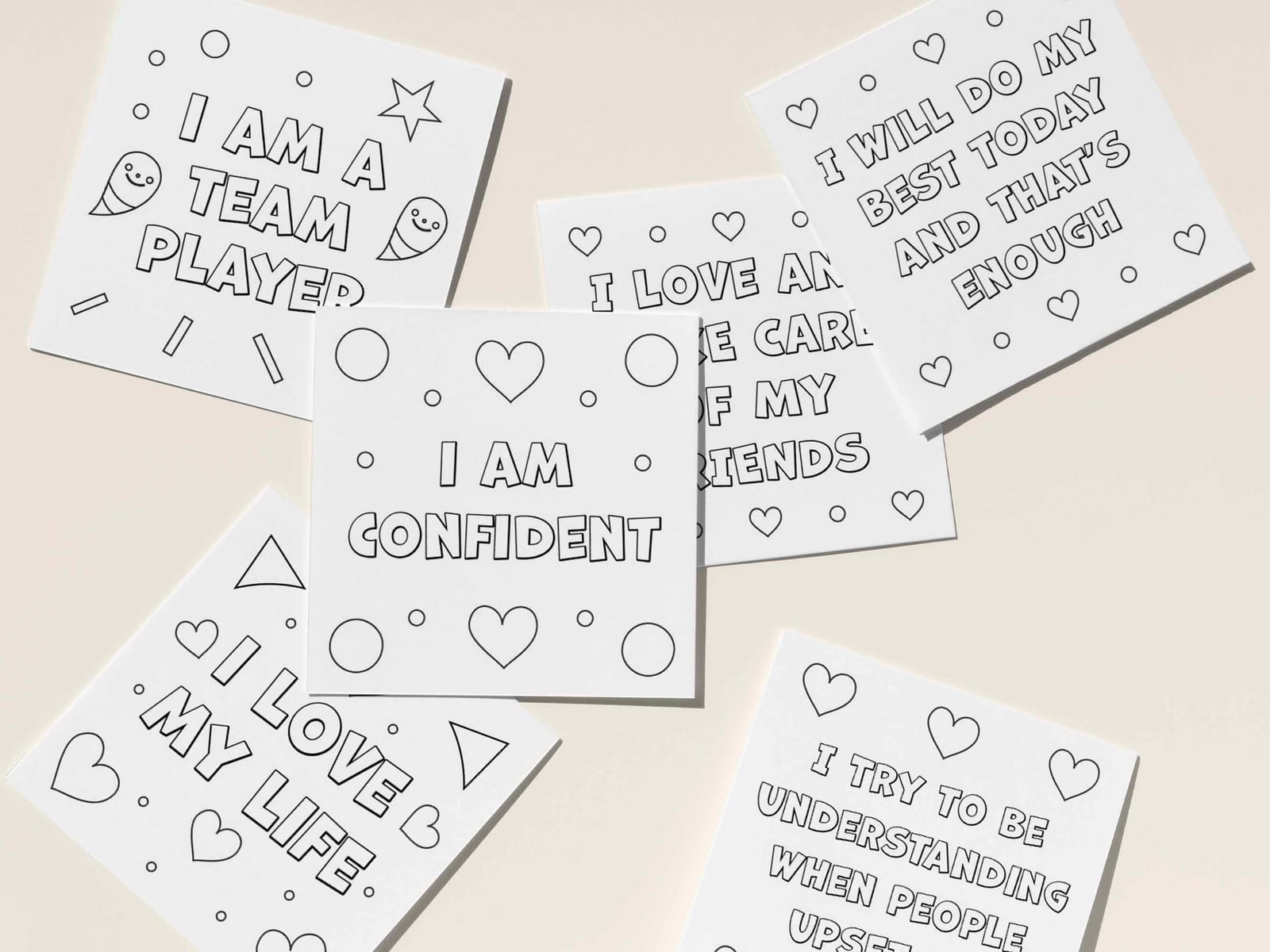 100 coloring affirmation cards for kids. 17 printable pages.