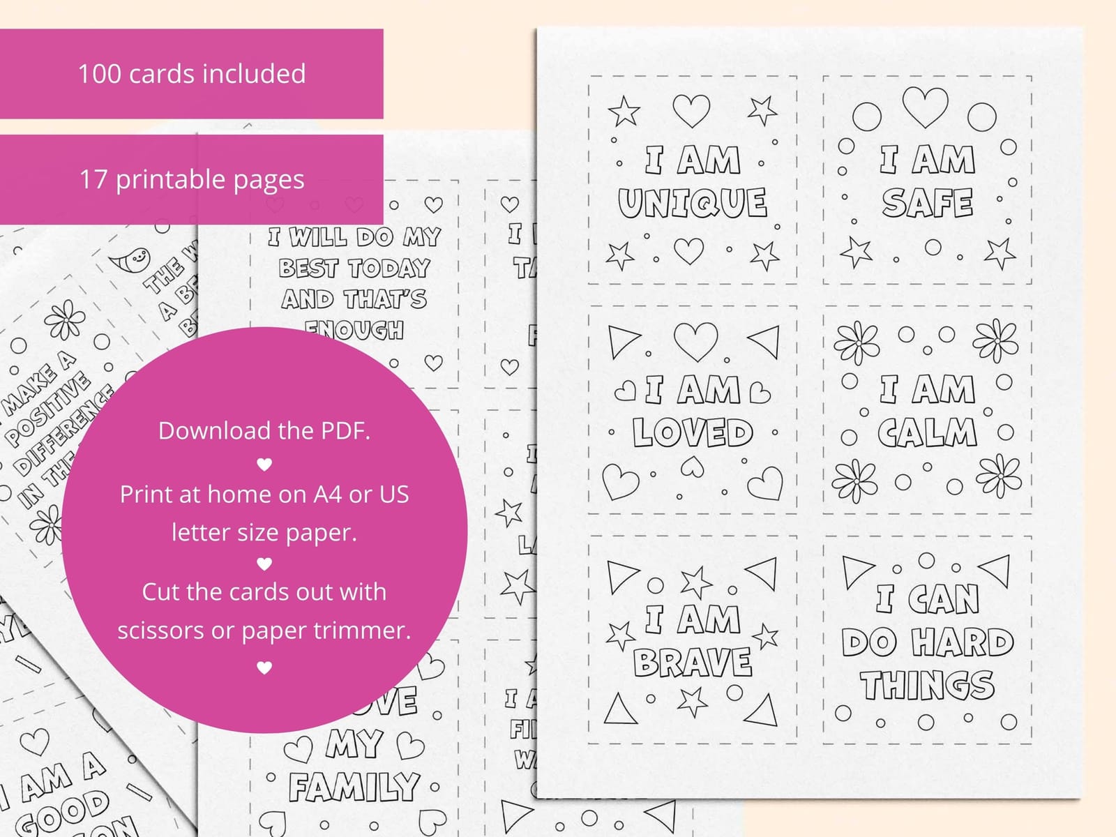 100 coloring affirmation cards for kids. 17 printable pages.