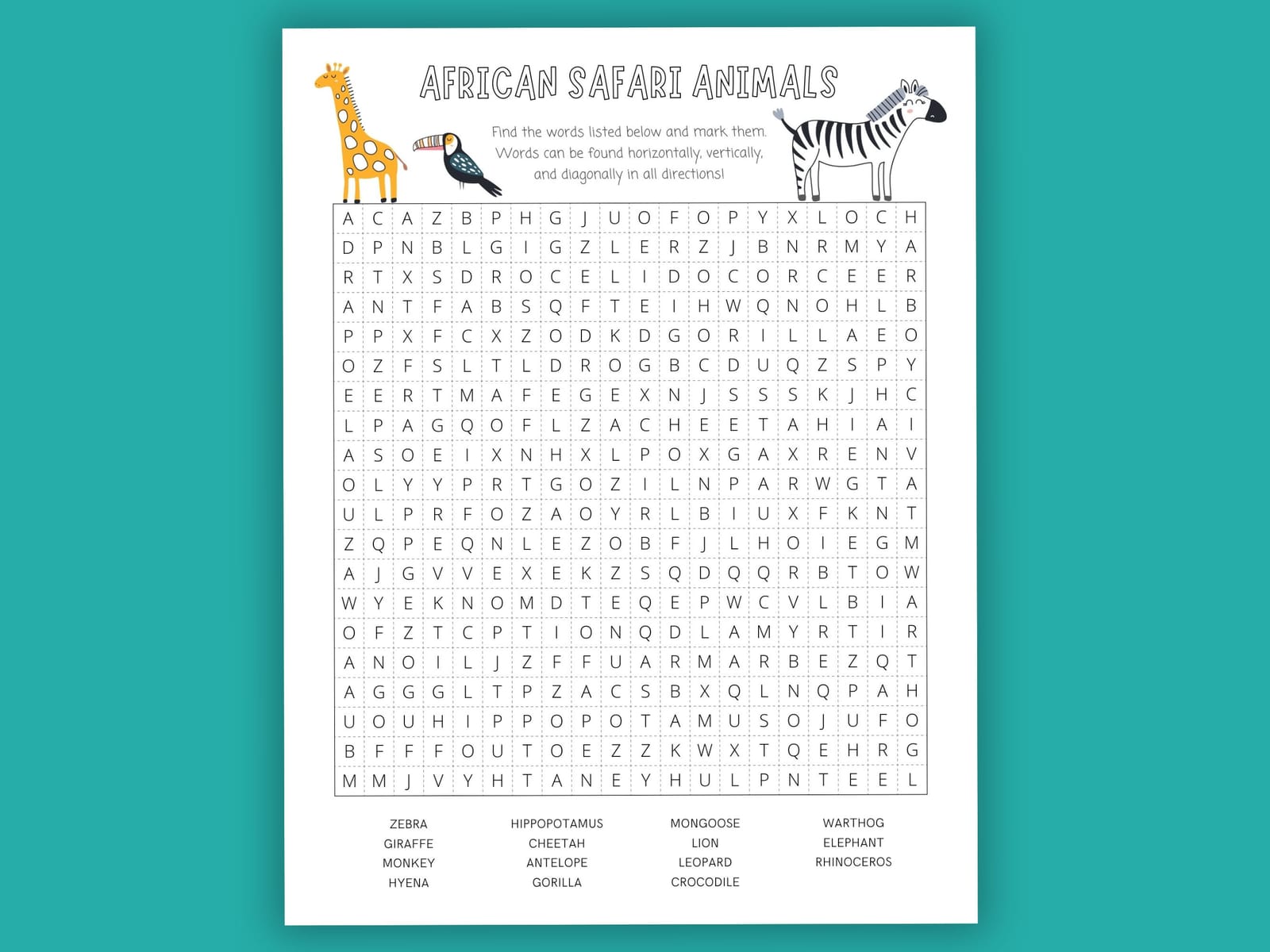 Printable word search for kids: African safari animals.