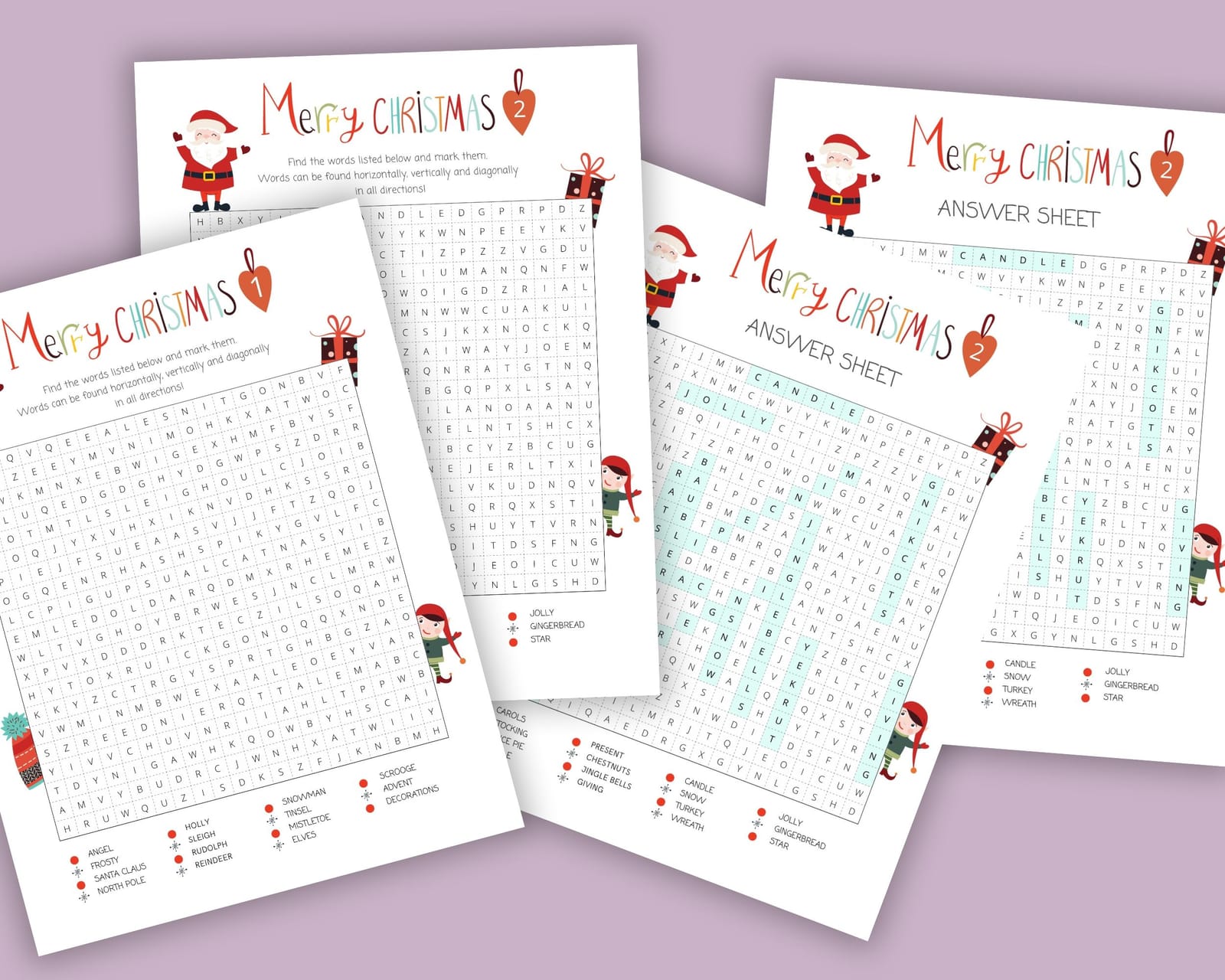 Two printable word searches for kids: Christmas.