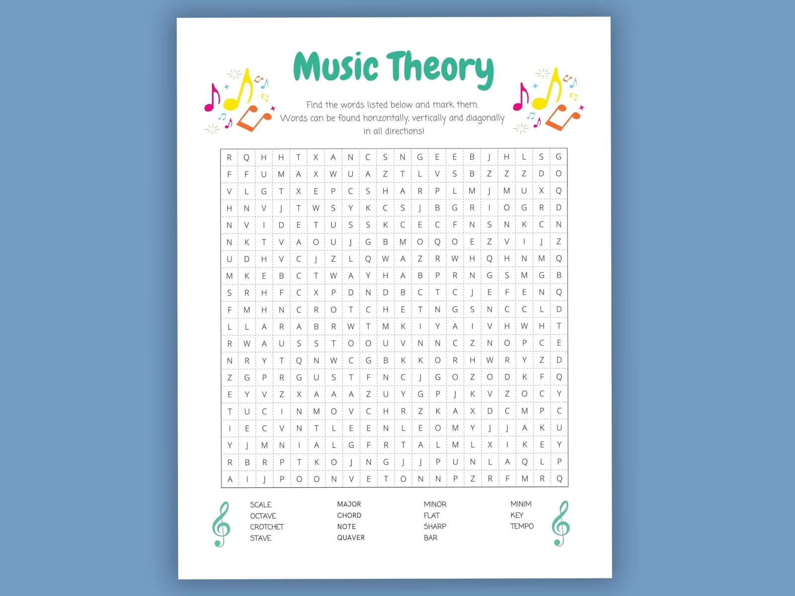 Basic music theory word search for kids.