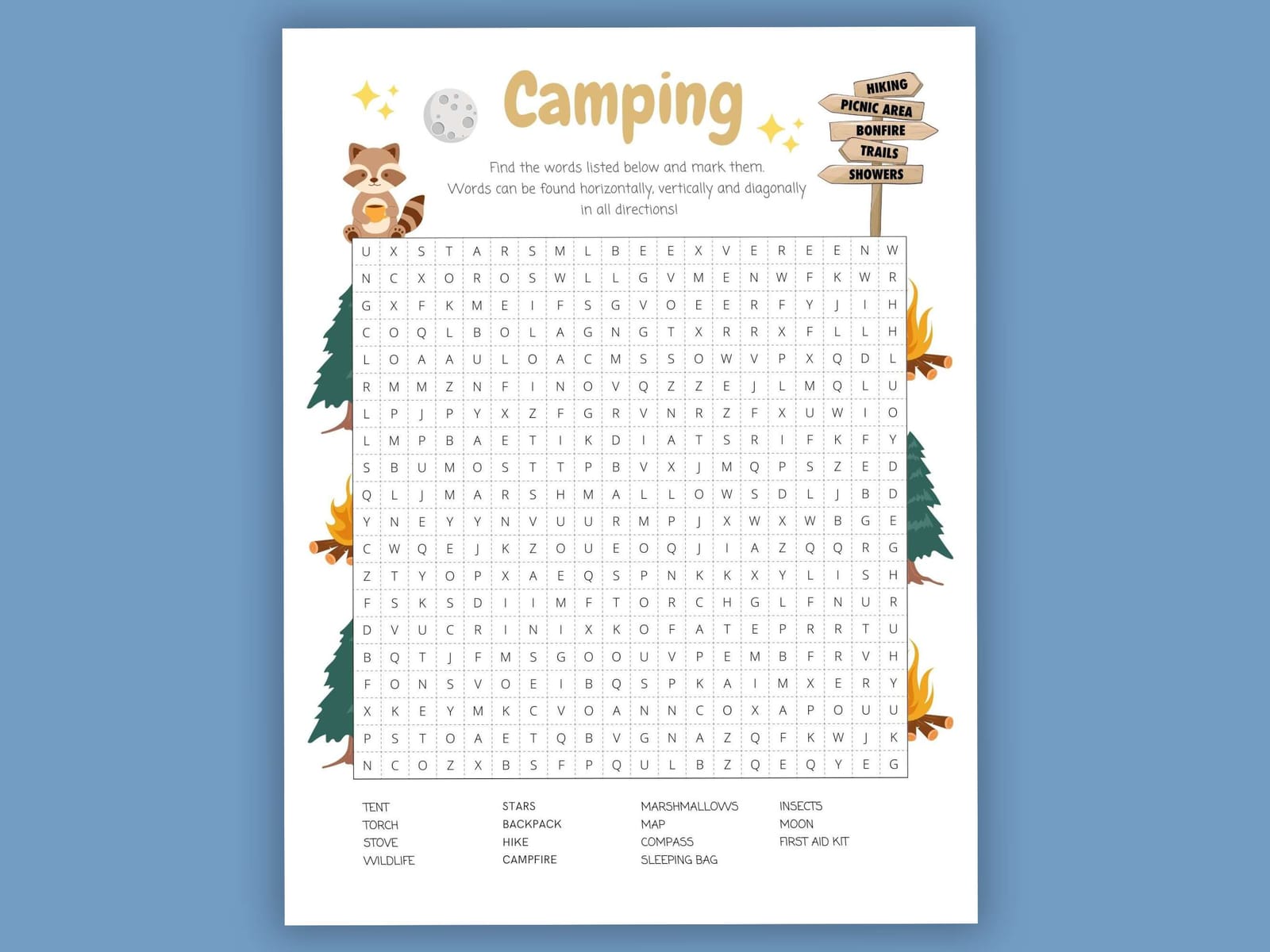 Printable camping word search for kids