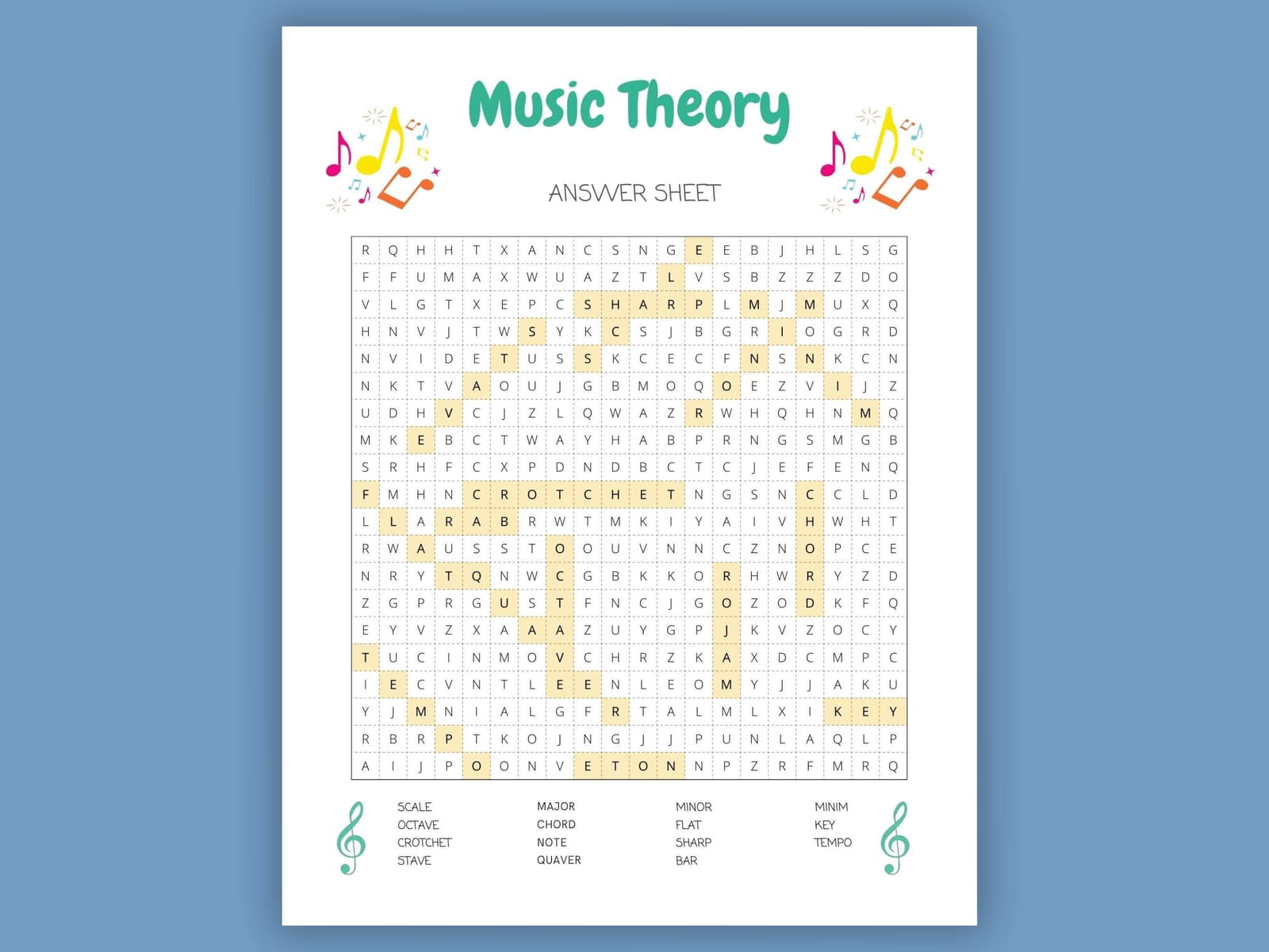 Basic music theory word search for kids.