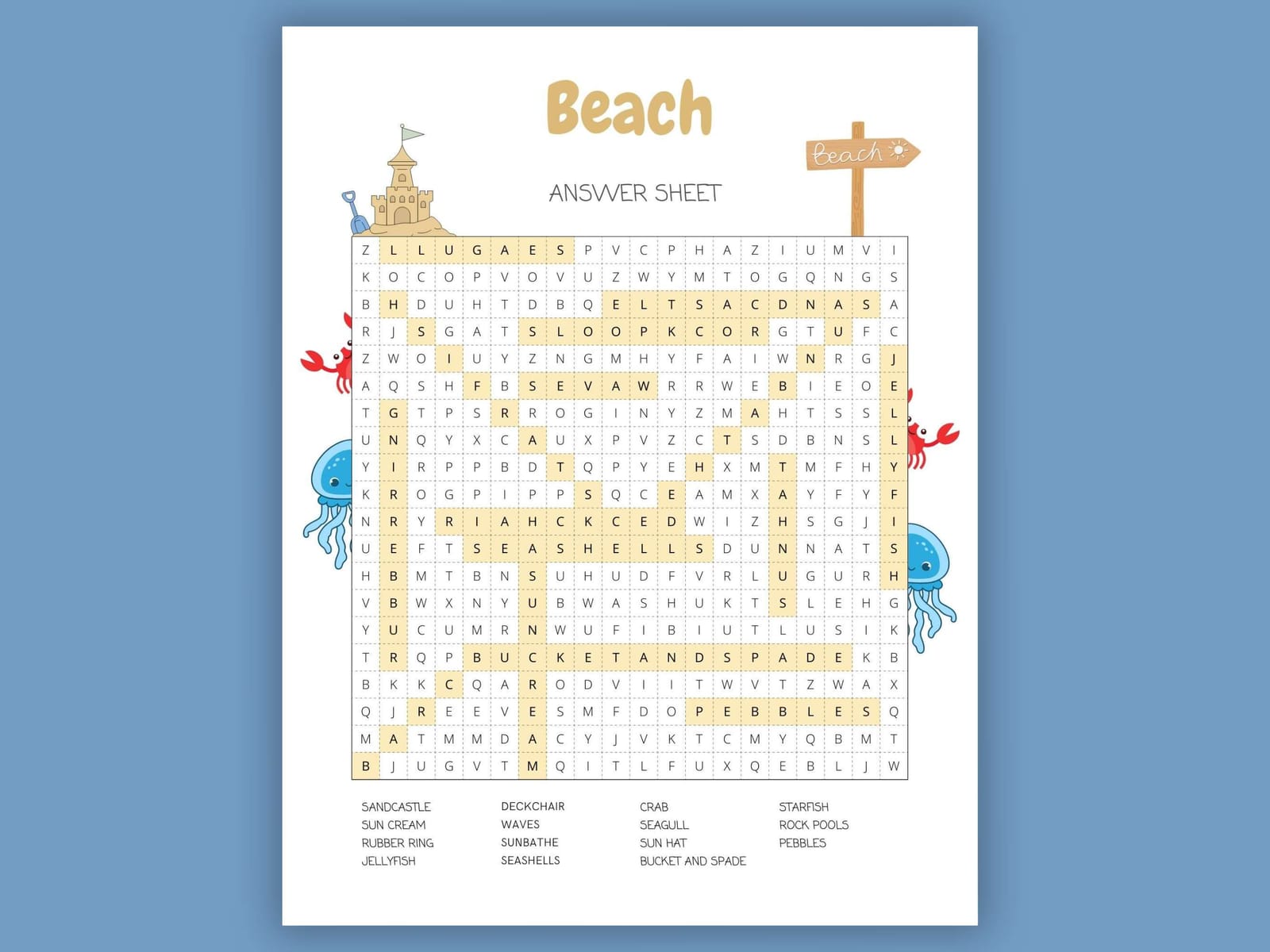Printable summer beach word search for kids