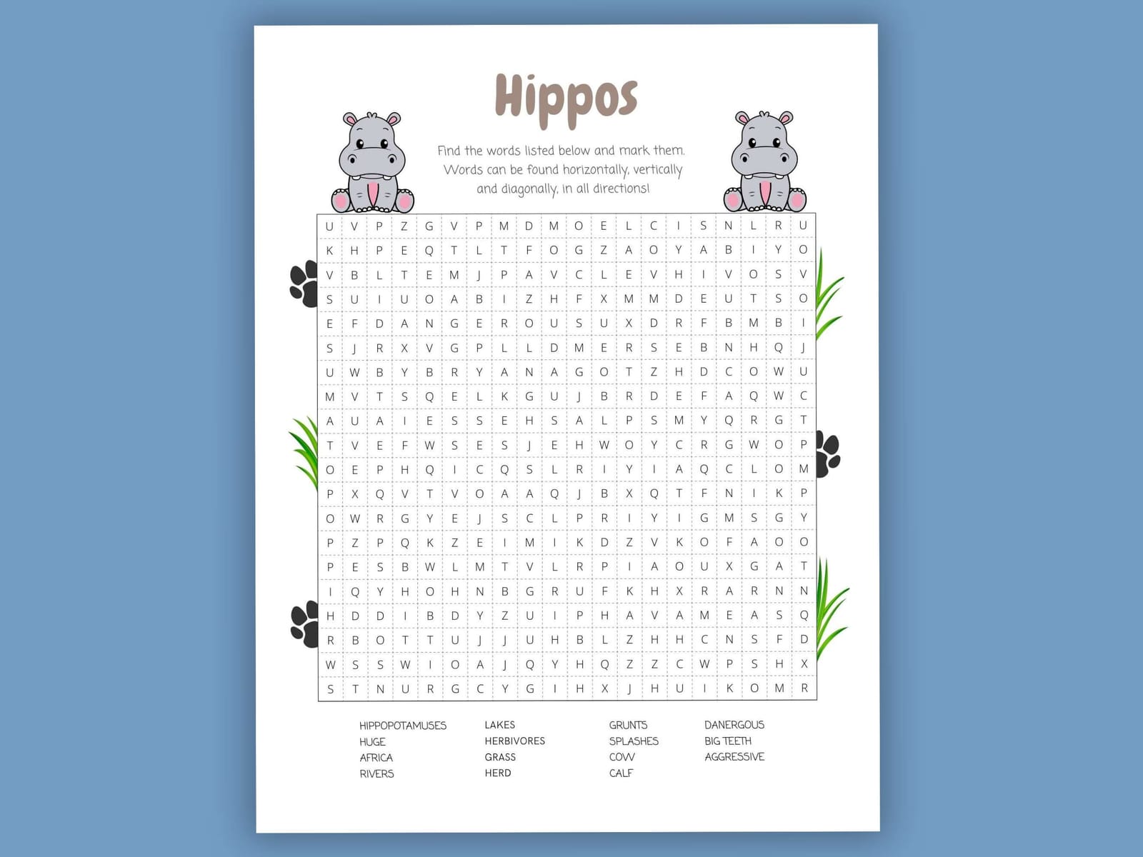 Printable hippo word search for kids