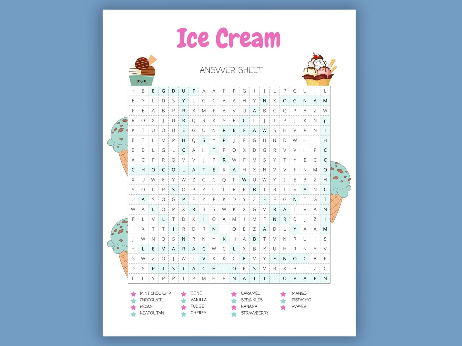 Printable ice cream word search for kids