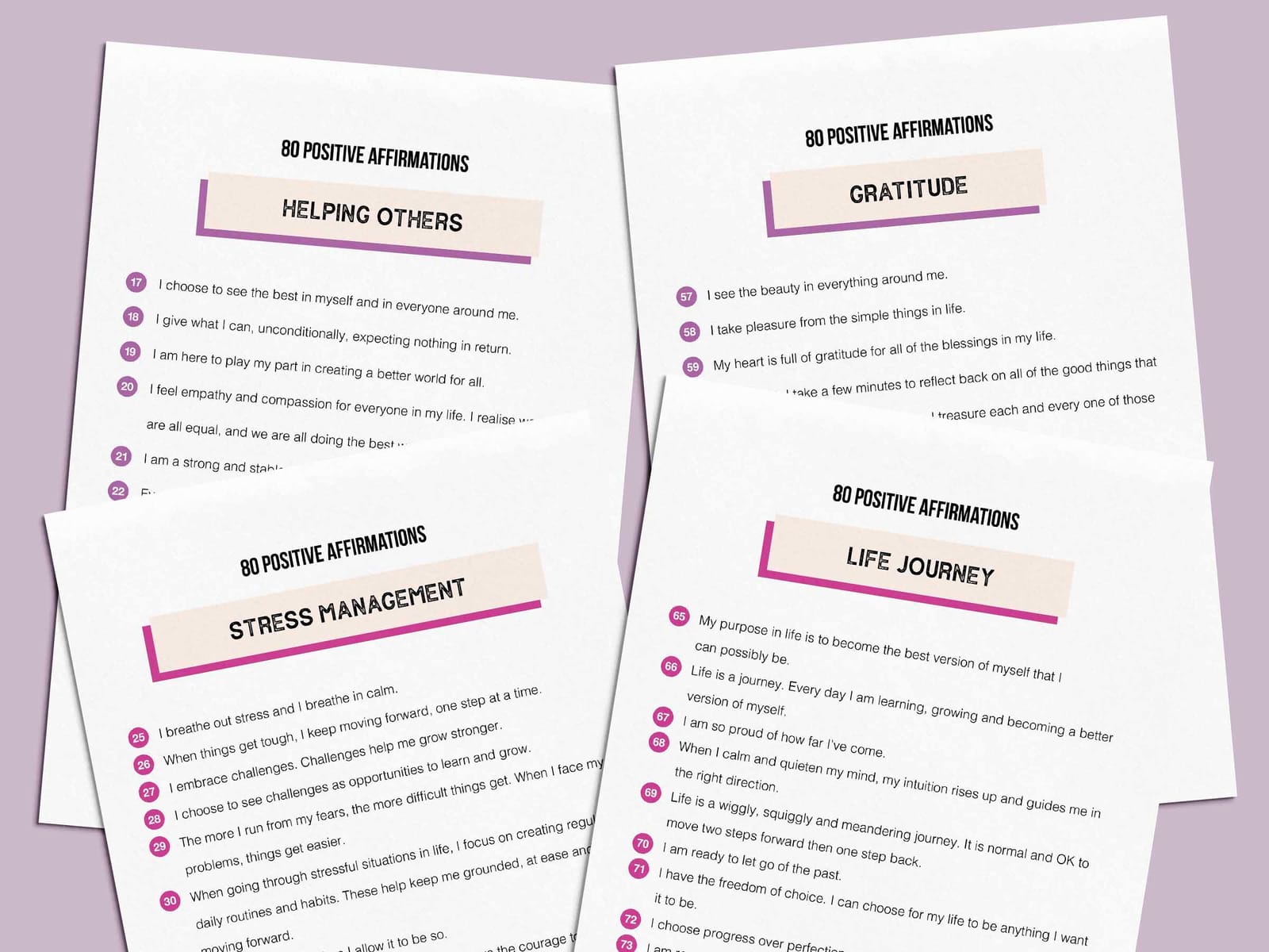 FREE Printable pdf list of 80 positive affirmations.