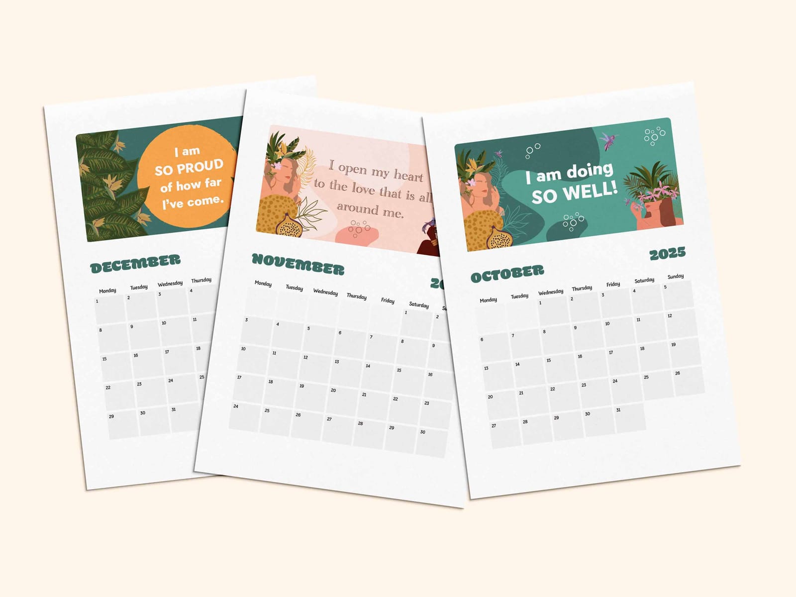 2025 printable PDF calendar with positive affirmations