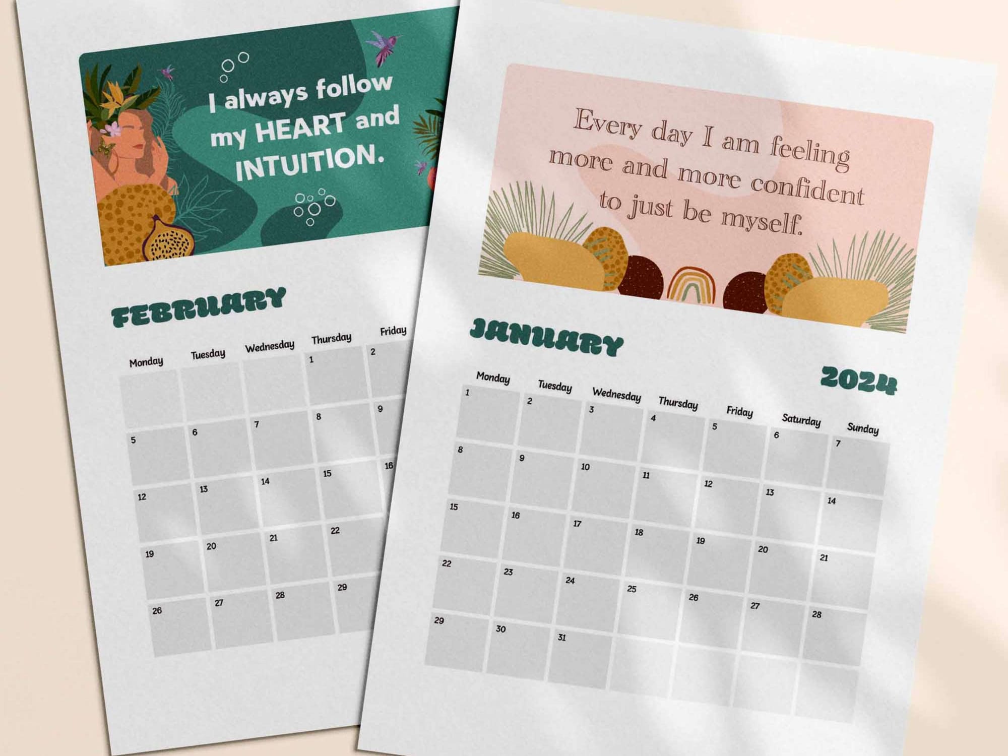 2024 printable PDF calendar with positive affirmations