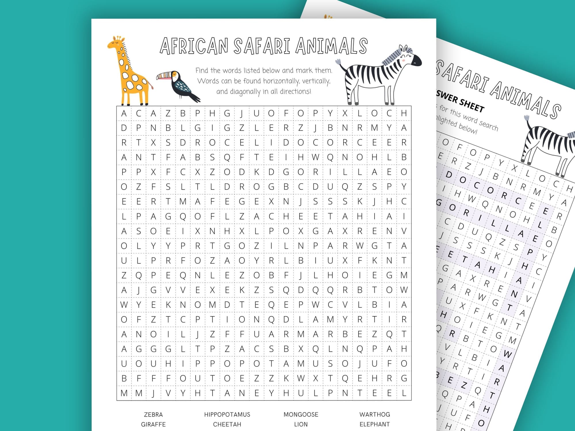 Printable word search for kids: African safari animals.
