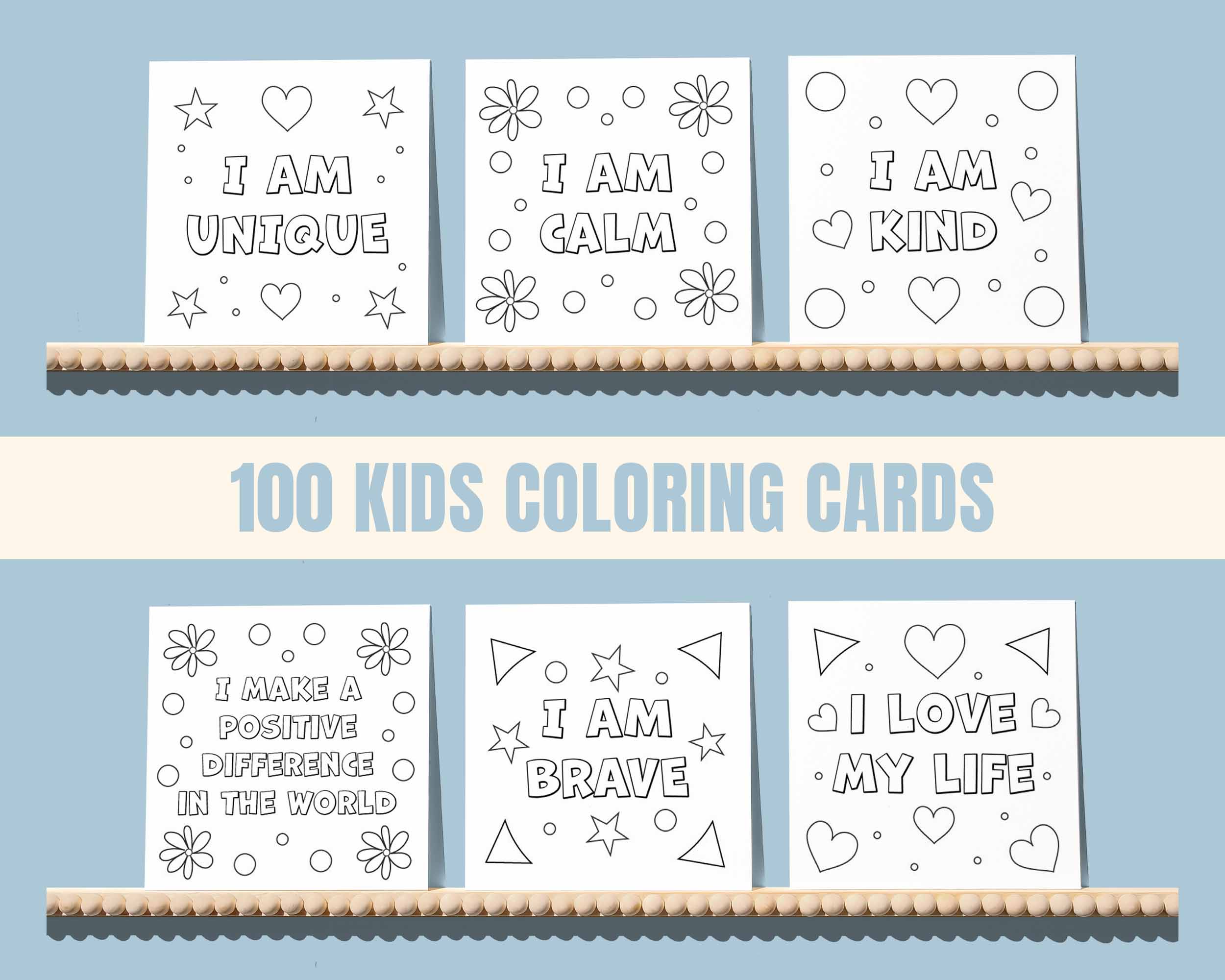 100 coloring affirmation cards for kids. 17 printable pages.
