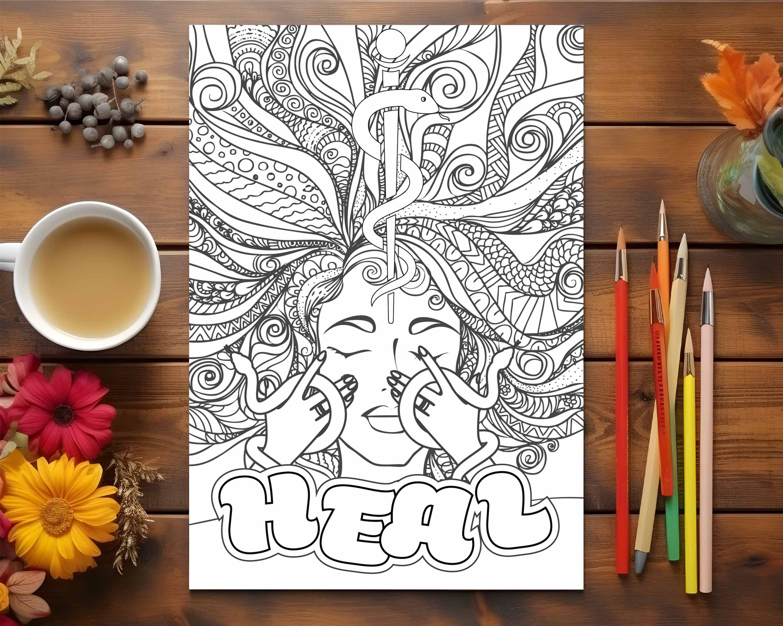 Spiritual coloring page for adults: "Heal"