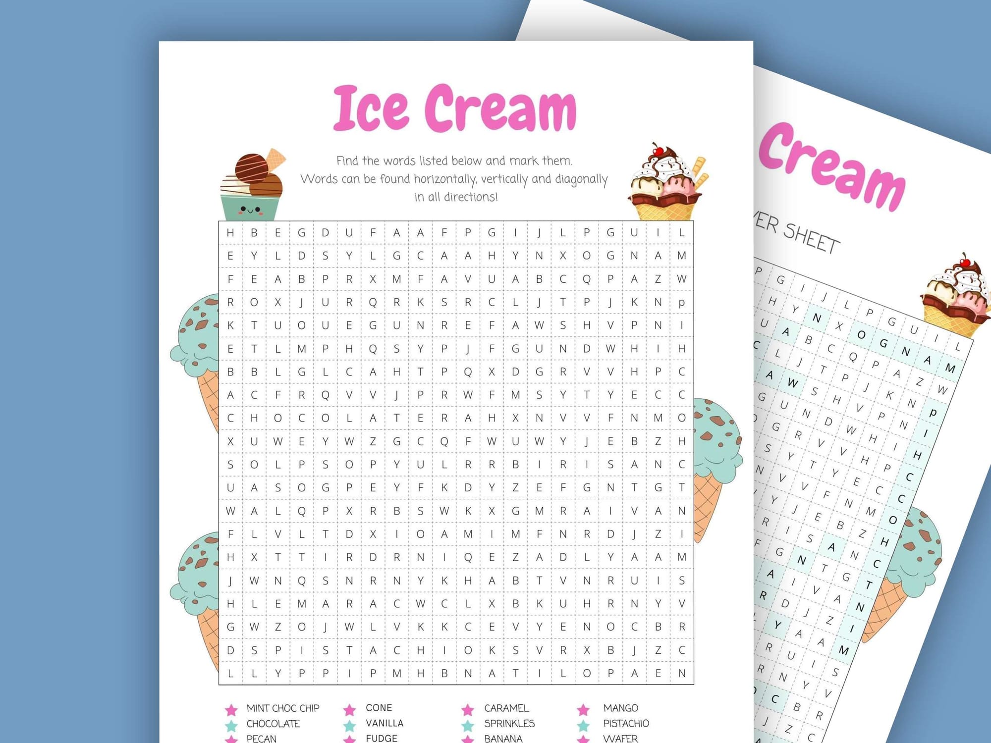 Printable ice cream word search for kids