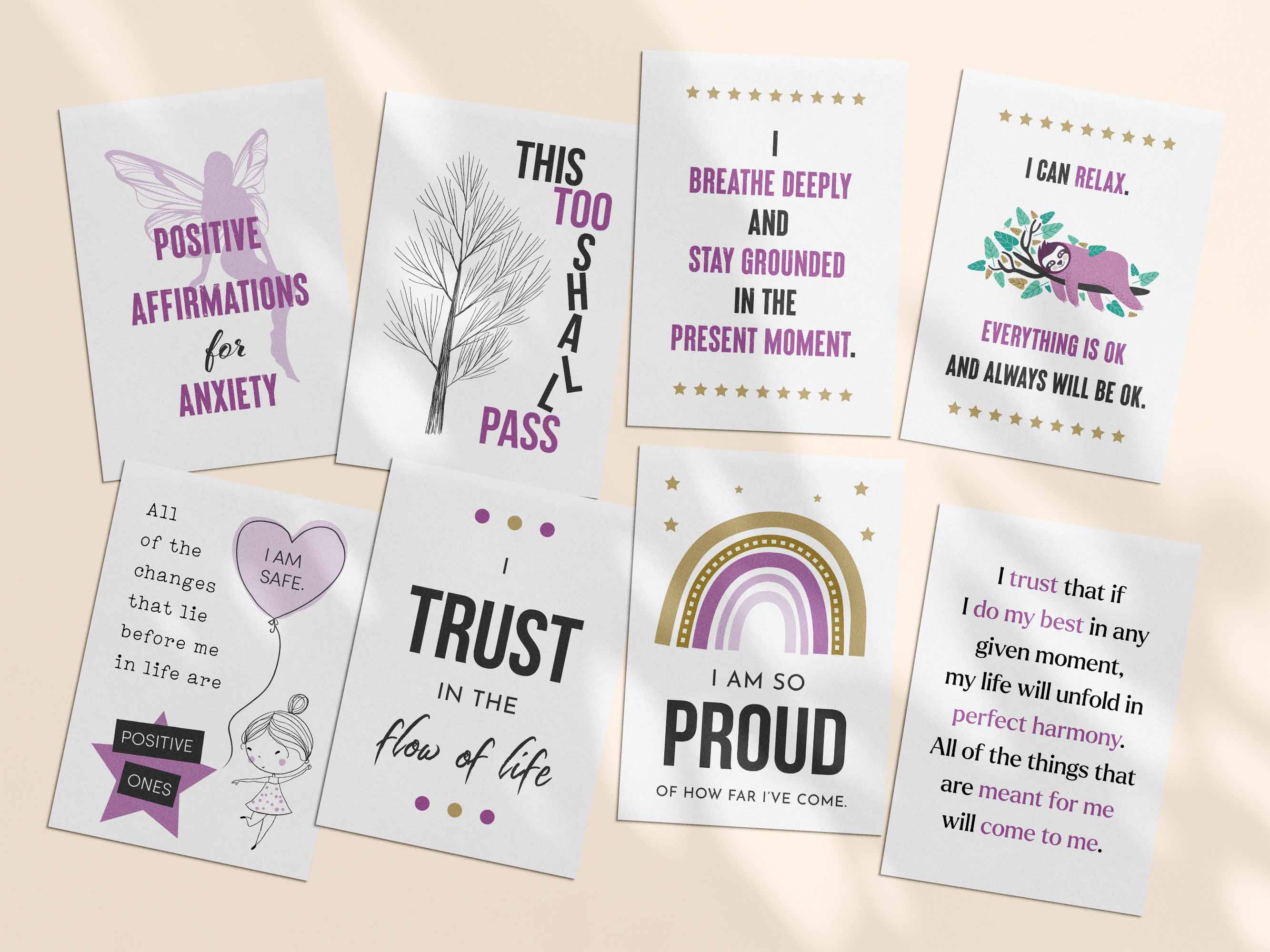 Printable positive affirmation cards for anxiety and stress.