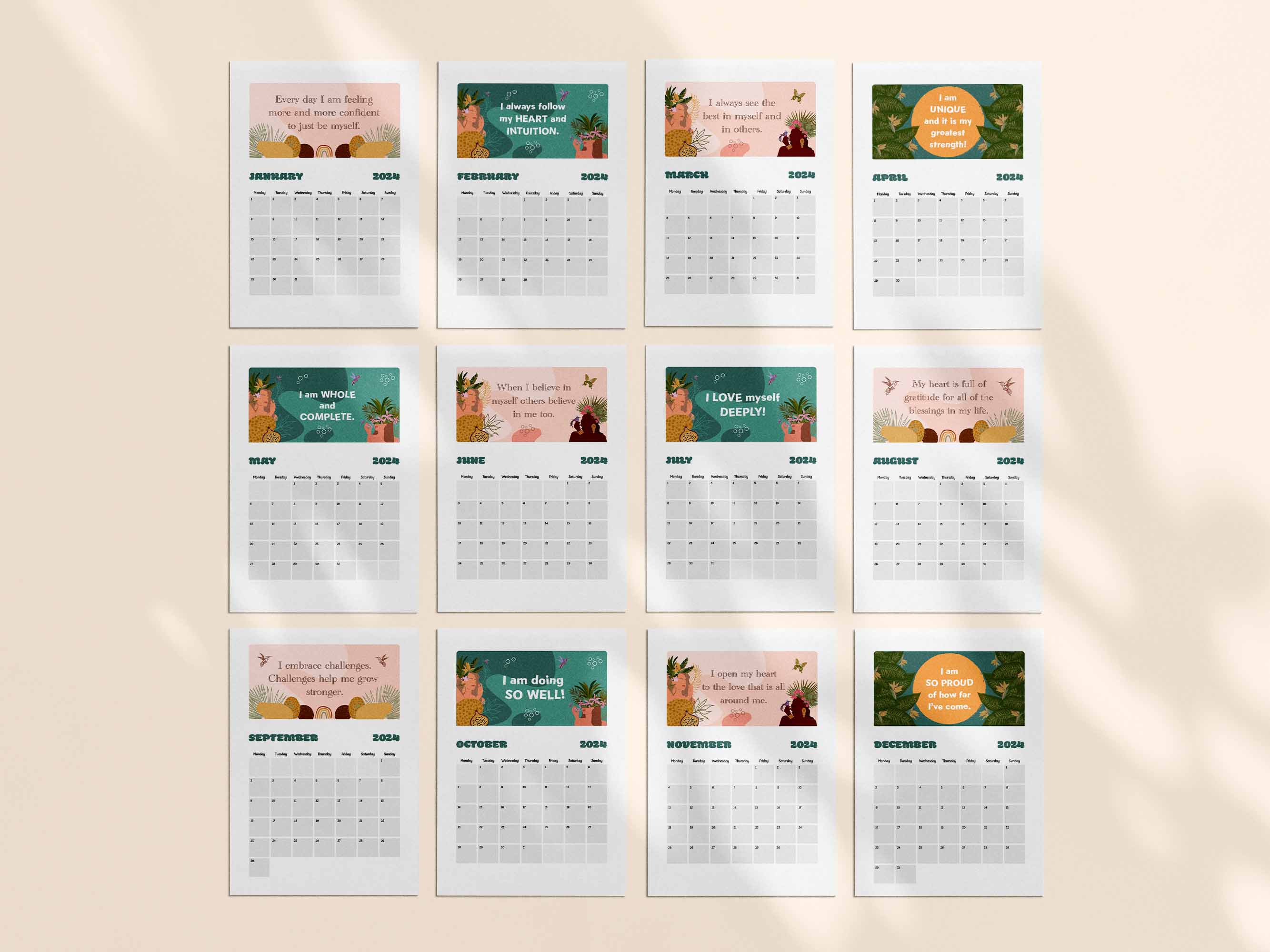 2024 printable PDF calendar with positive affirmations