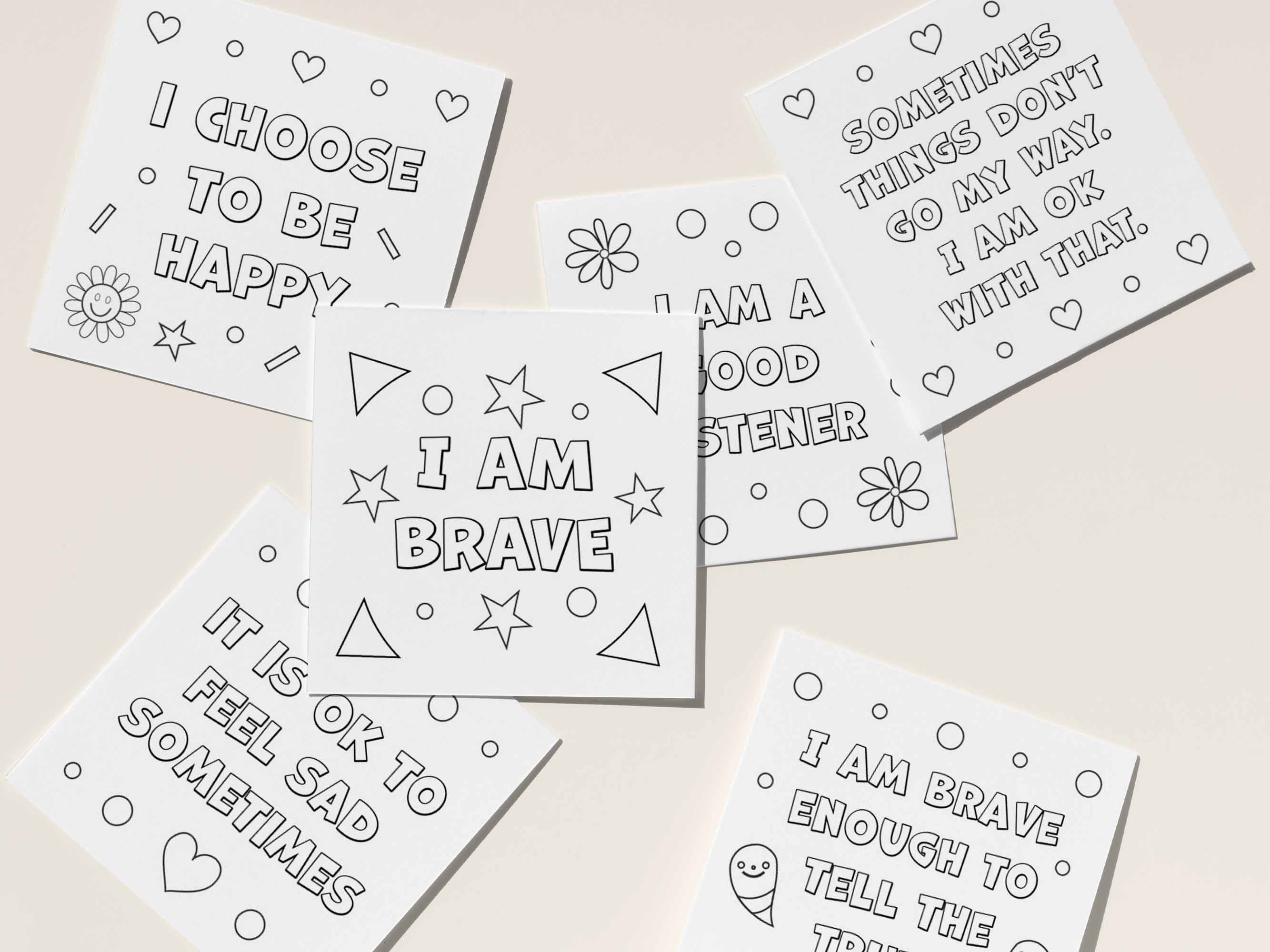 100 coloring affirmation cards for kids. 17 printable pages.